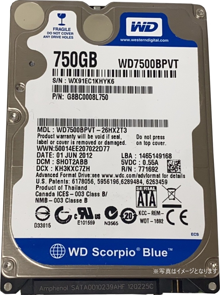 【中古動作品】Western Digital 2.5インチ HDD SATA(Serial ATA) 750GB WD7500BPVT ...